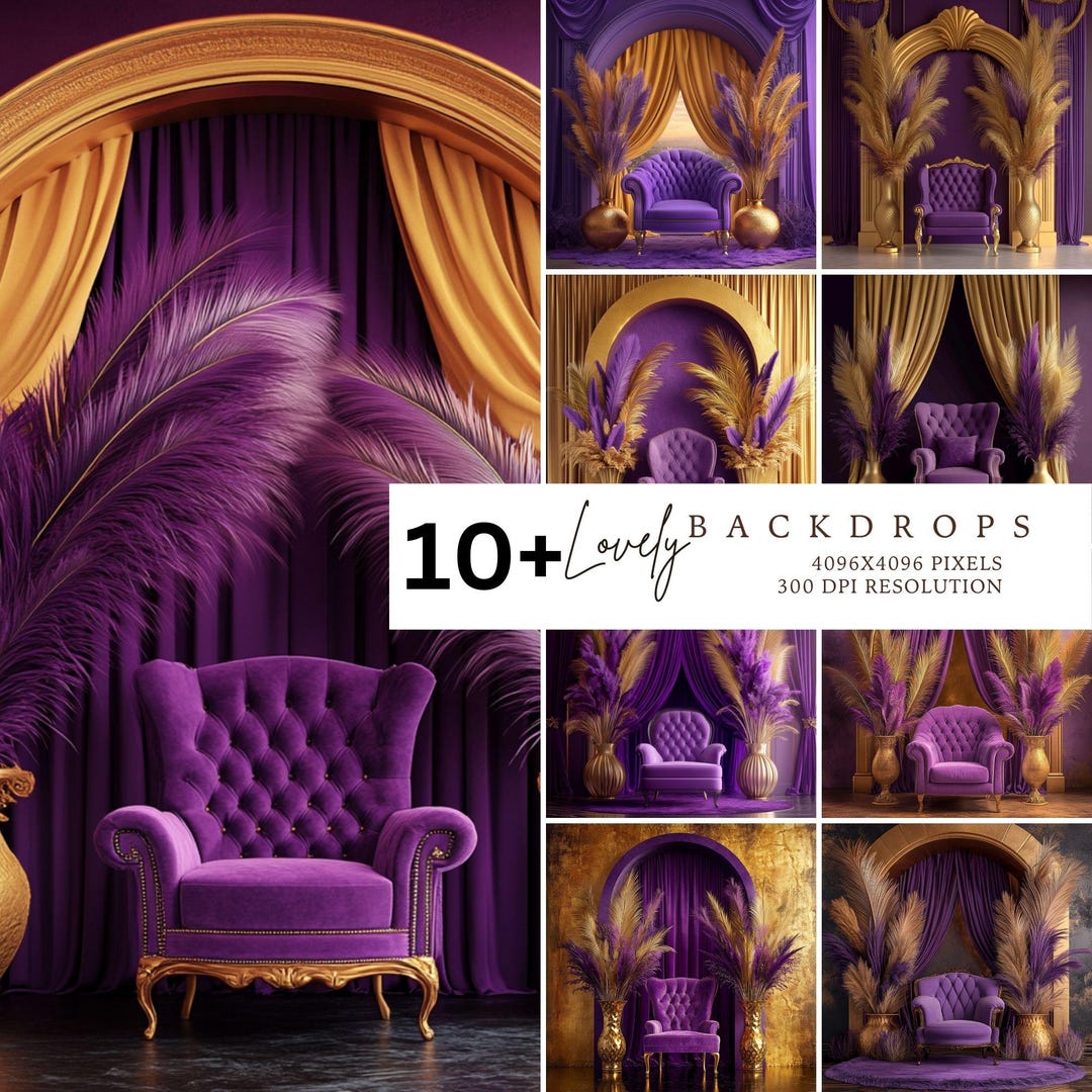 Purple Chair Backdrop, Curtains Backdrop, Luxury Backdrop, Elegant Gold ...