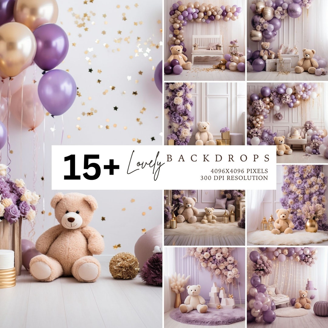 Kids Backdrop, Teddy Bear, Party Purple Gold, Photography Backdrop ...