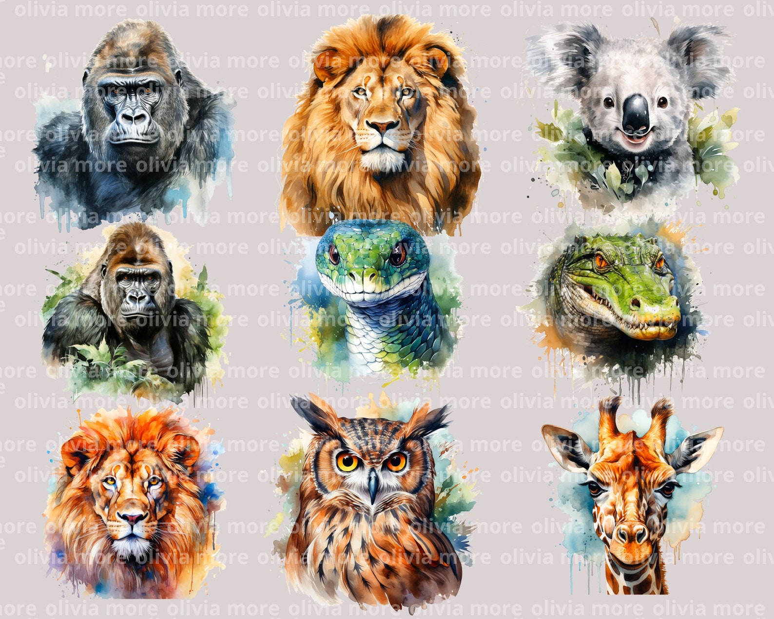 Watercolor Animals Clipart, Colorful Safari Illustrations, Painted ...