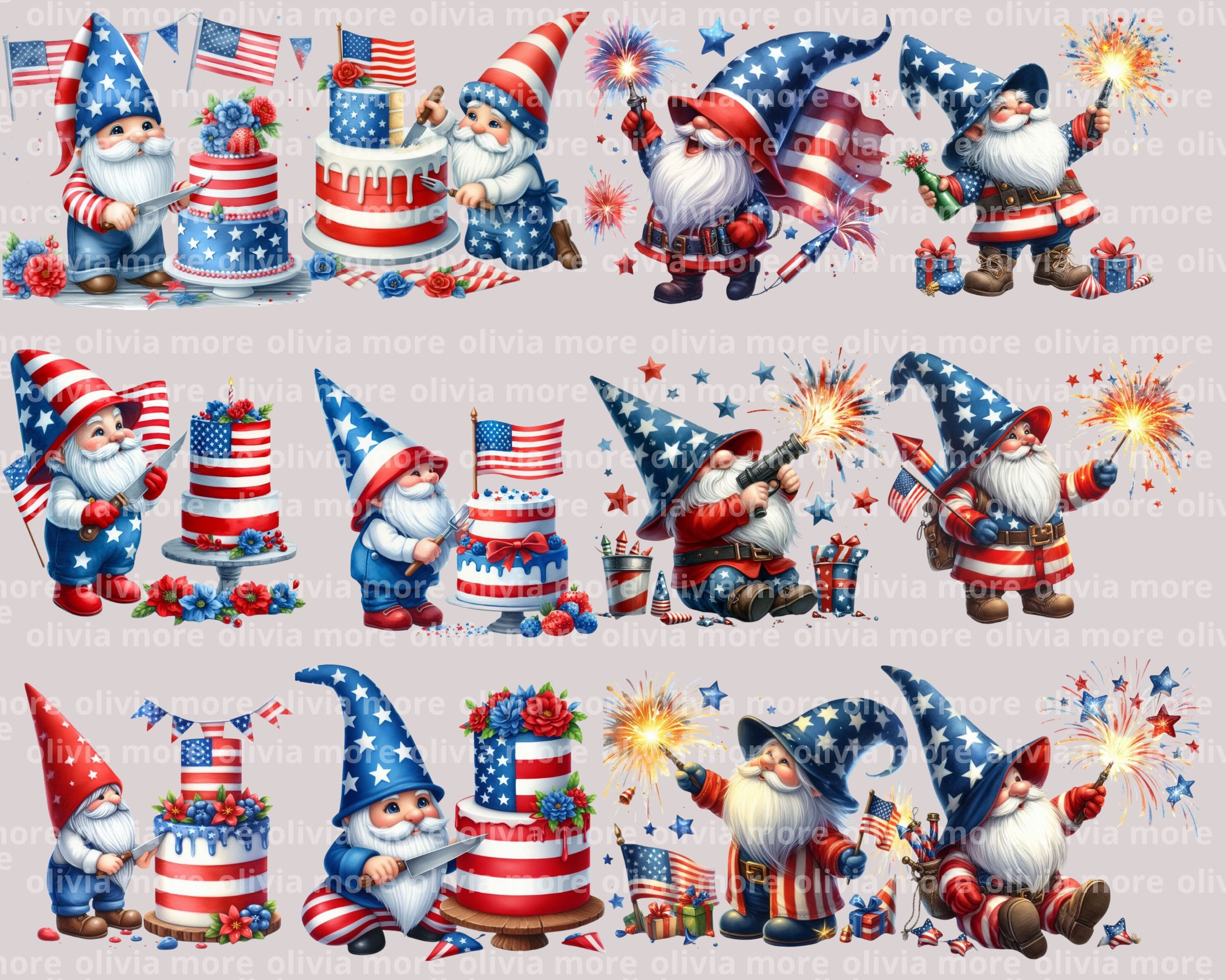 Patriotic Gnome Clipart, American Flag, USA Gnome, Watercolor Clipart ...