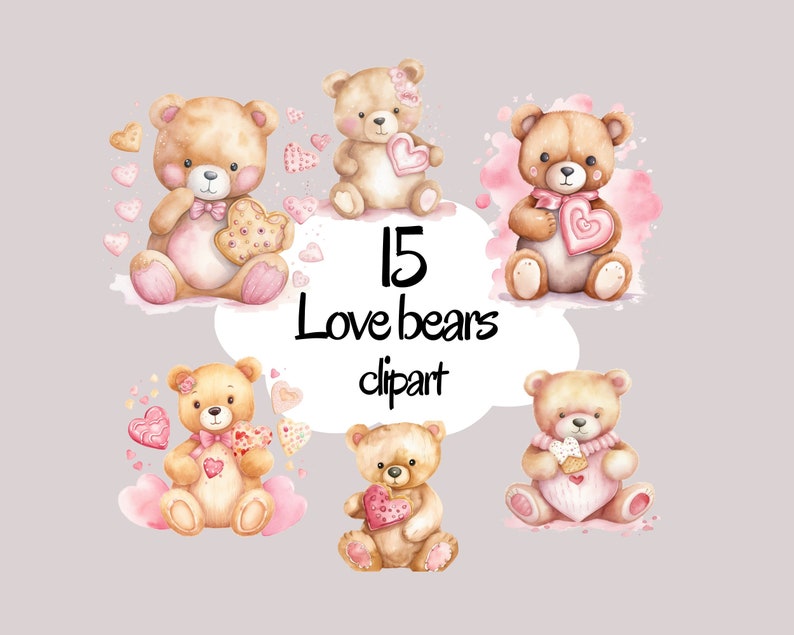 Watercolor Love Bears Clipart, PNG Valentines Day Clipart, Valentines ...
