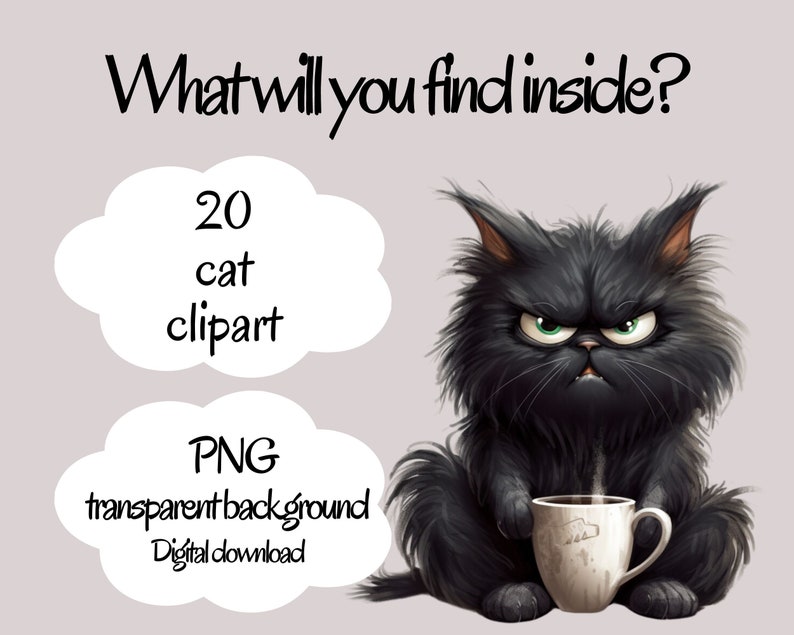 Grumpy Black Cat Clipart, High Quality Coffee Cat, Transparent PNG ...