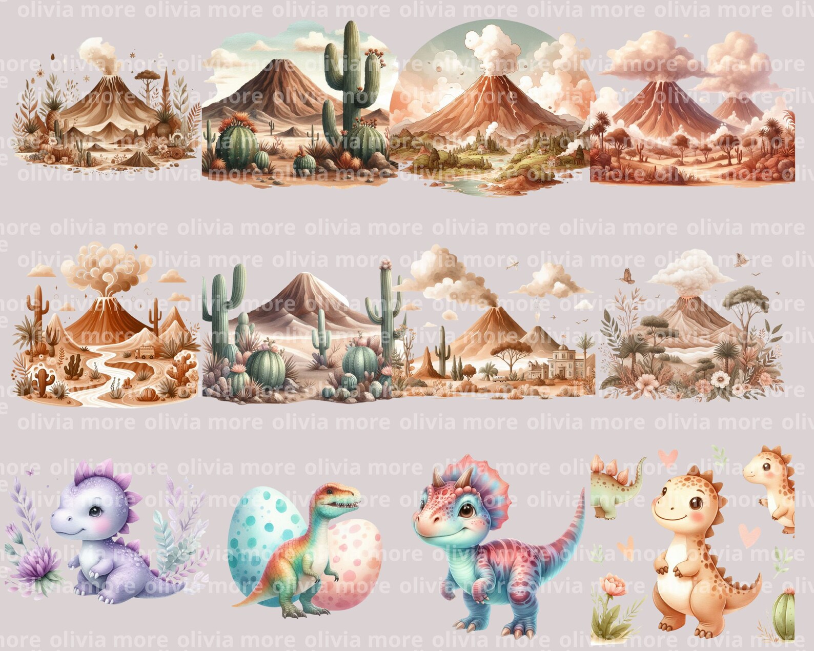 Dinosaurs Clipart, Land of Dinosaurs, Watercolor Clipart, Nursery ...