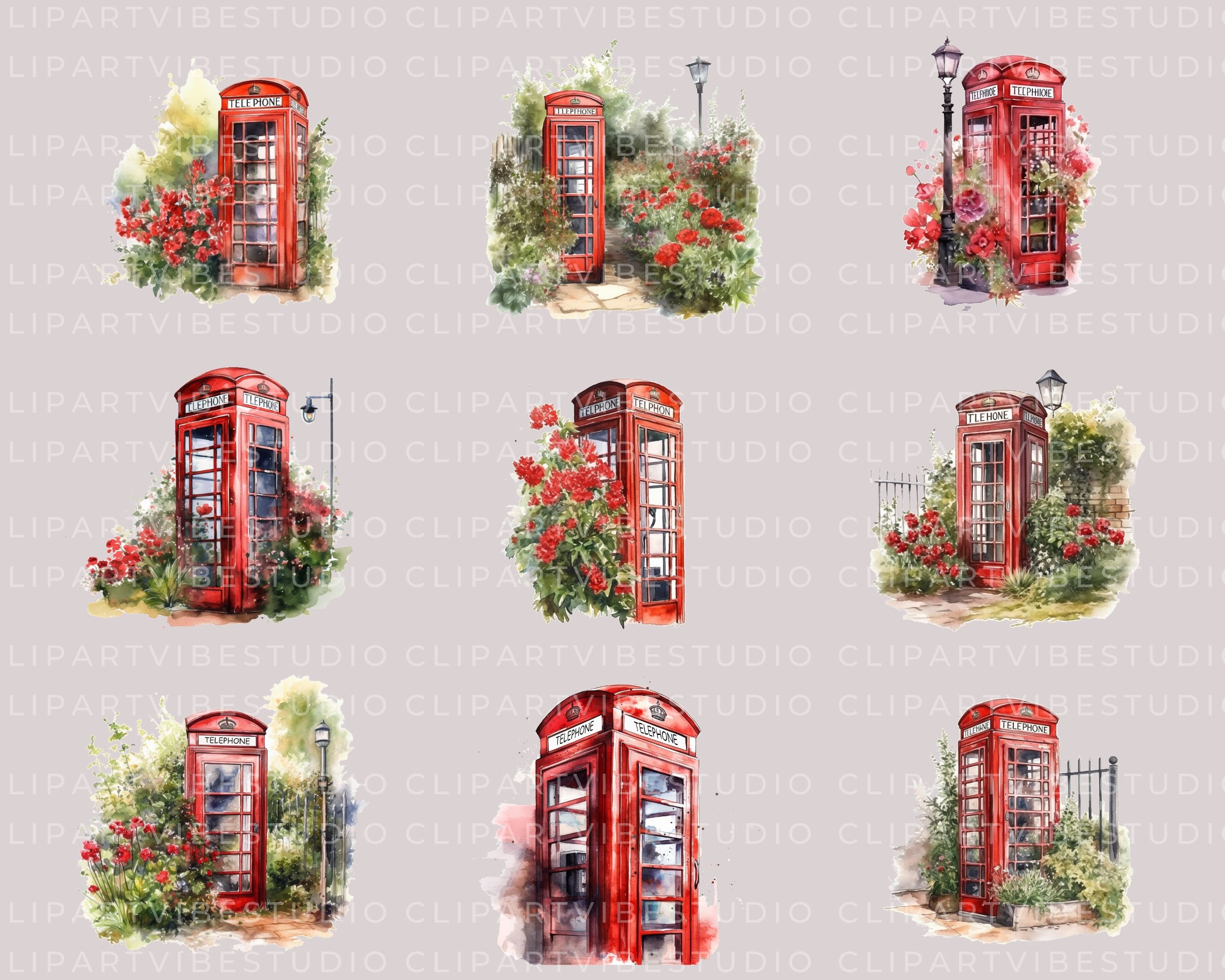 25 Watercolor Red Telephone Box Clipart, Png Floral Red Clipart London ...