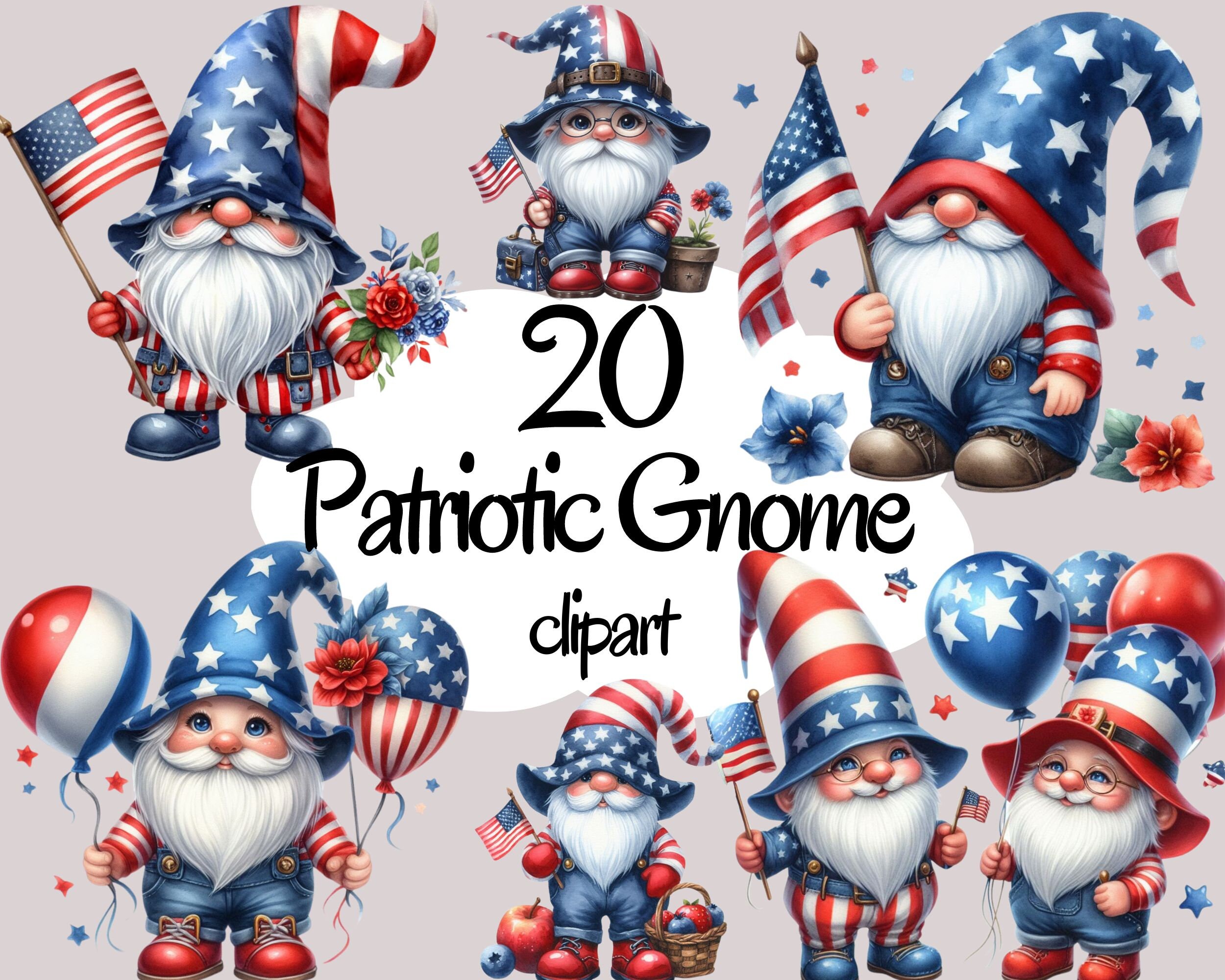 Patriotic Gnome Clipart, American Flag, USA Gnome, Watercolor Clipart ...
