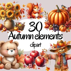 Autumn Elements Clipart Watercolor Autumn Clipart, Cute Pumpkin Clipart ...