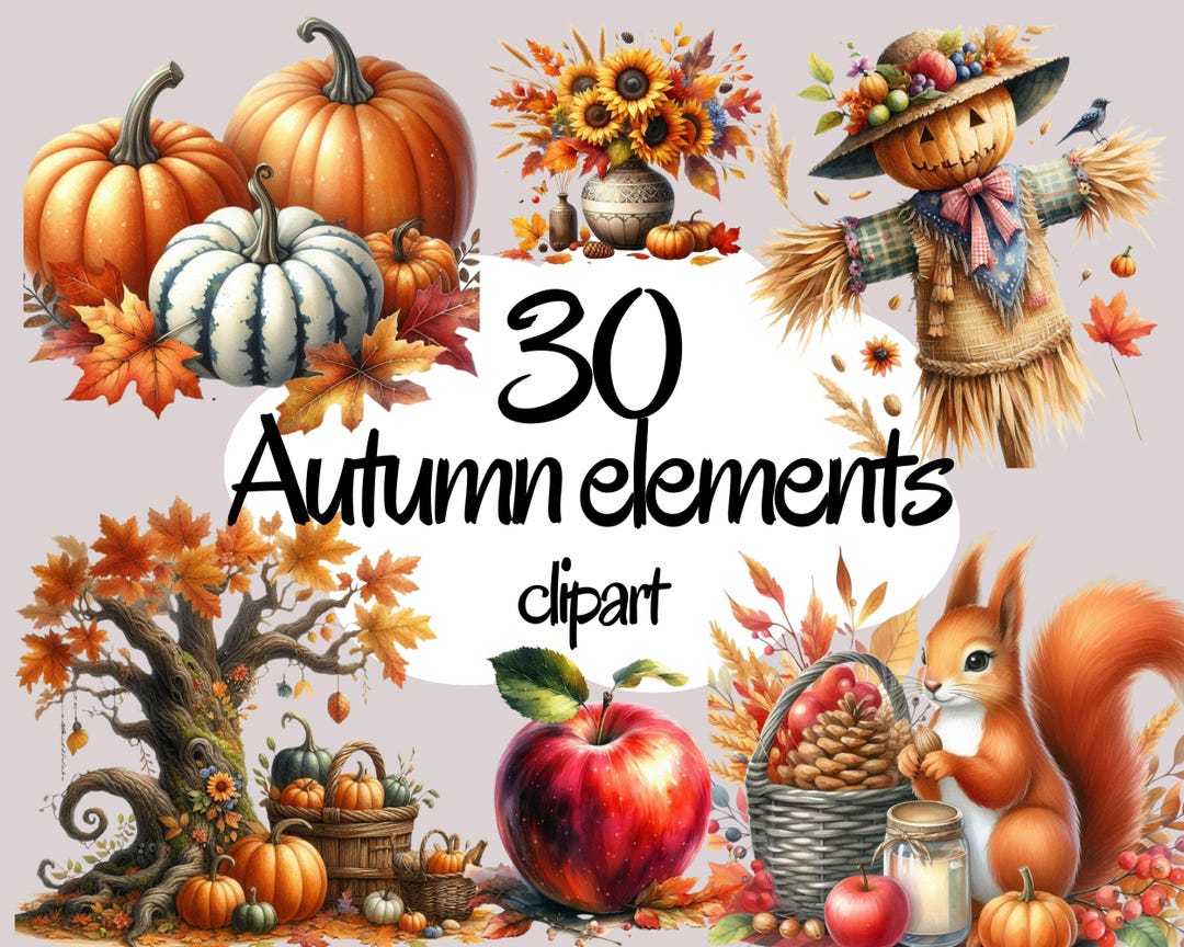 30 Autumn Elements Clipart Watercolor Autumn Clipart, Cute Pumpkin ...