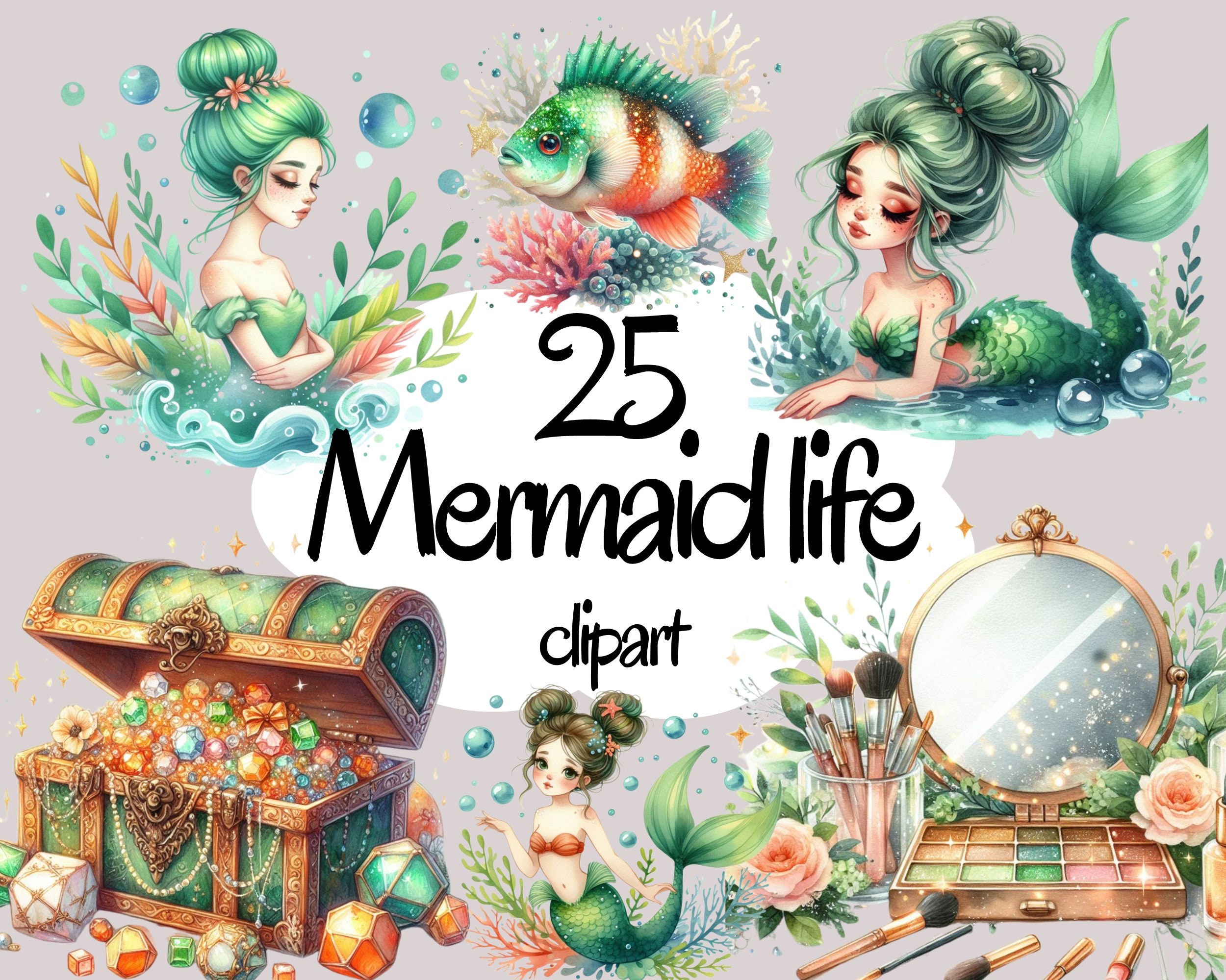 Mermaid Clipart Bundle, Watercolor Cute Mermaid Clipart Png, Cute Sea ...