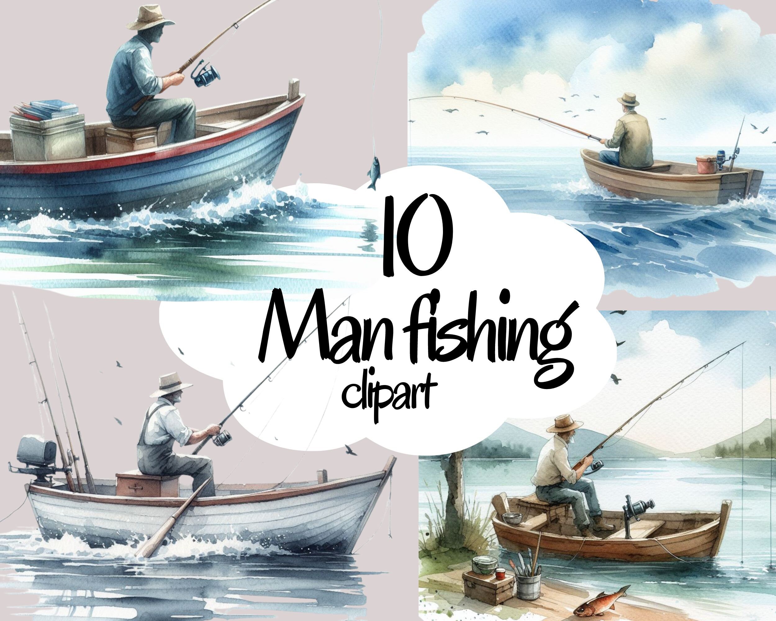 Man Fishing Clipart, Boat Fishing Landscape, Printable Watercolor ...