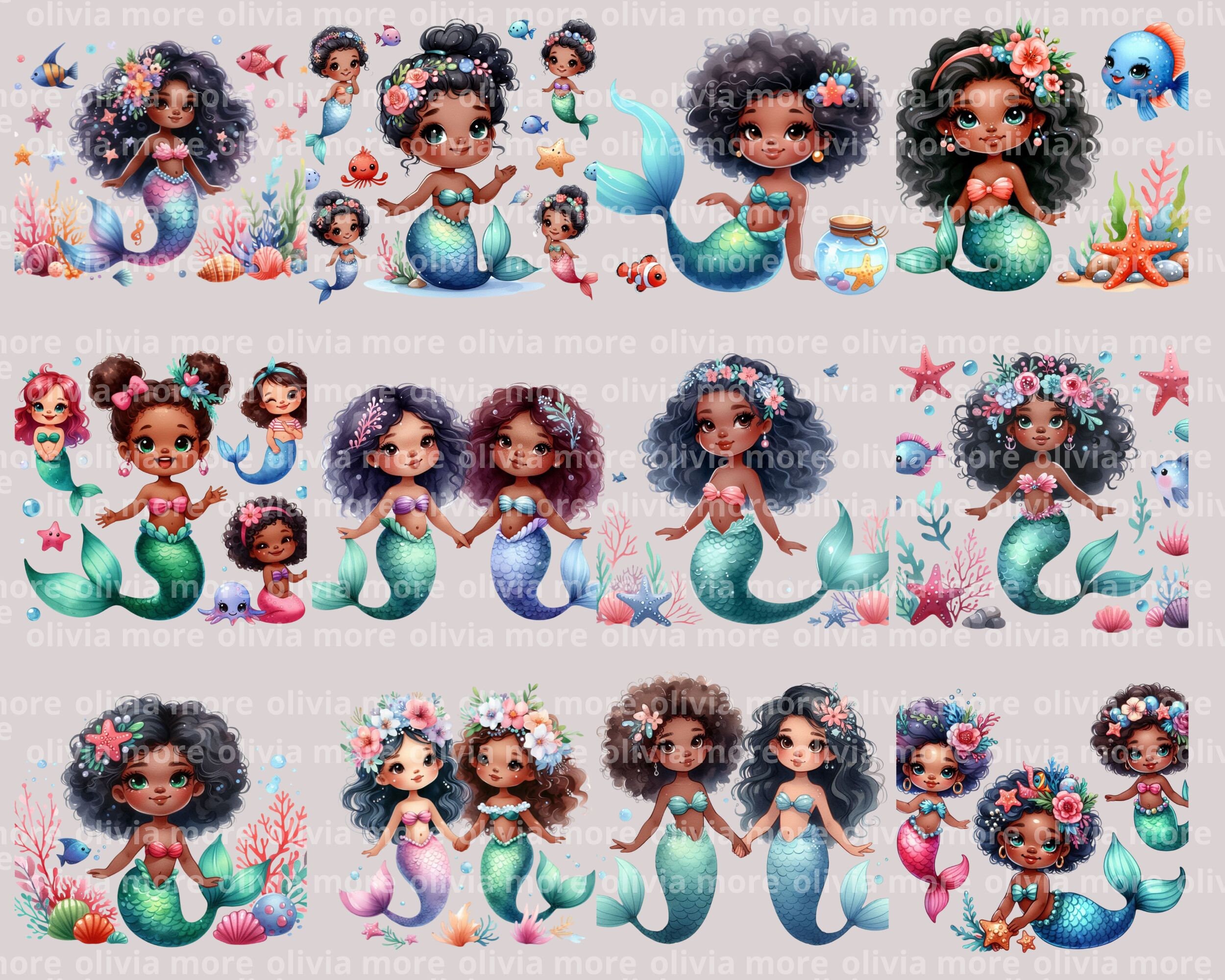 Mermaid Clipart Bundle, Watercolor Cute Afro Mermaid Clipart Png, Cute ...