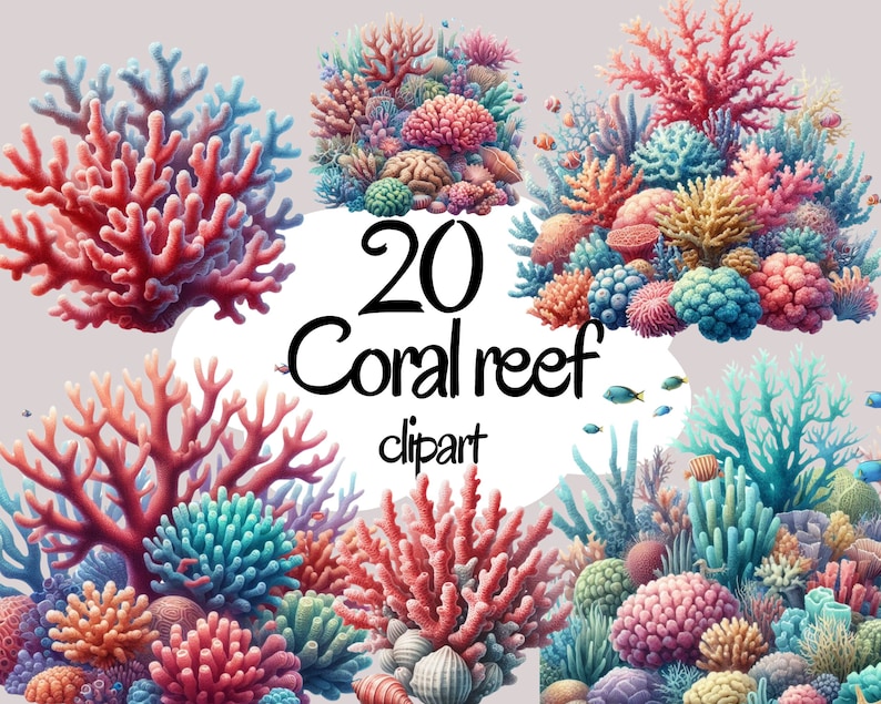 Coral Reef Clipart, Watercolor Coral Reef PNG Bundle, Underwater ...