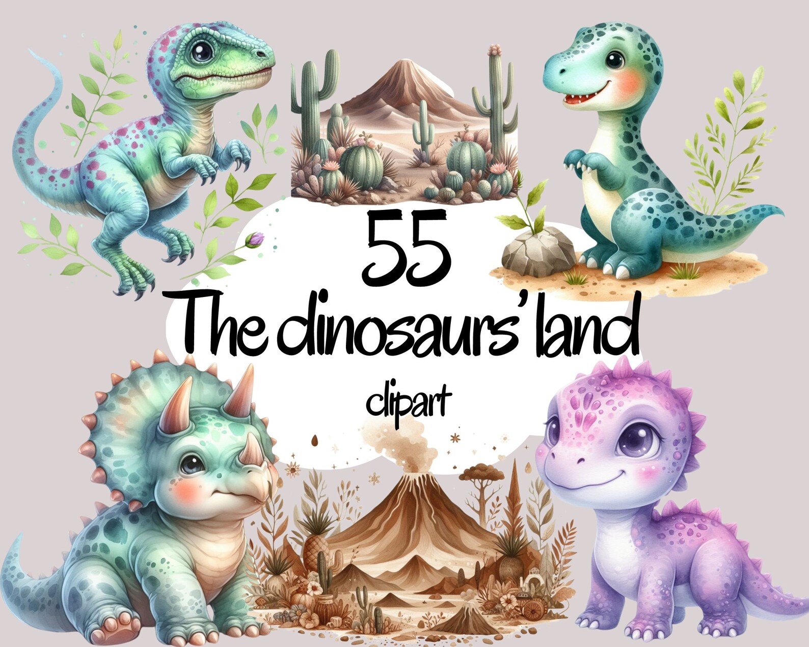 Dinosaurs Clipart, Land of Dinosaurs, Watercolor Clipart, Nursery ...