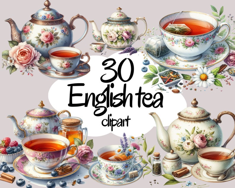 30 Watercolor English Tea Clipart Vintage Tea Teatime Illustrations ...