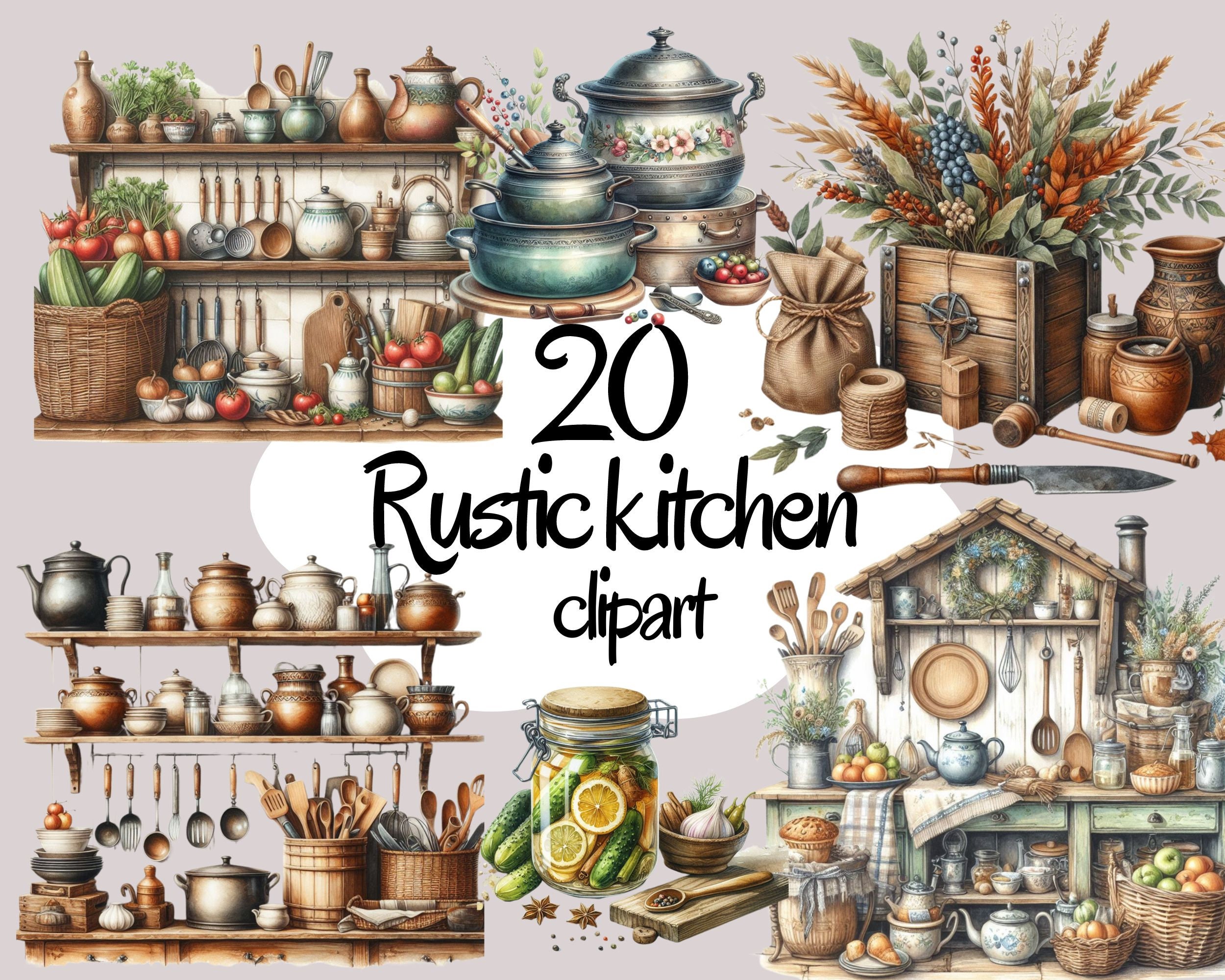 Watercolor Rustic Kitchen Clipart, Rustic Cooking Clipart Bundle ...