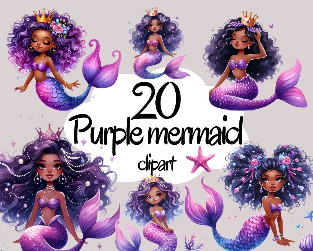 Purple Mermaid Clipart Bundle, Watercolor Cute Afro Mermaid Clipart Png ...