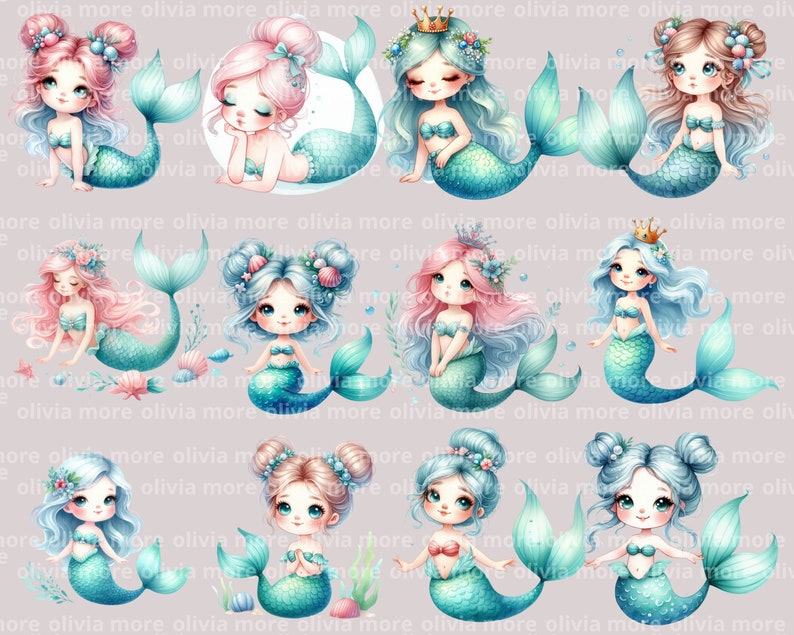 Mermaid Clipart Bundle, Watercolor Cute Mermaid Clipart Png, Cute Sea ...