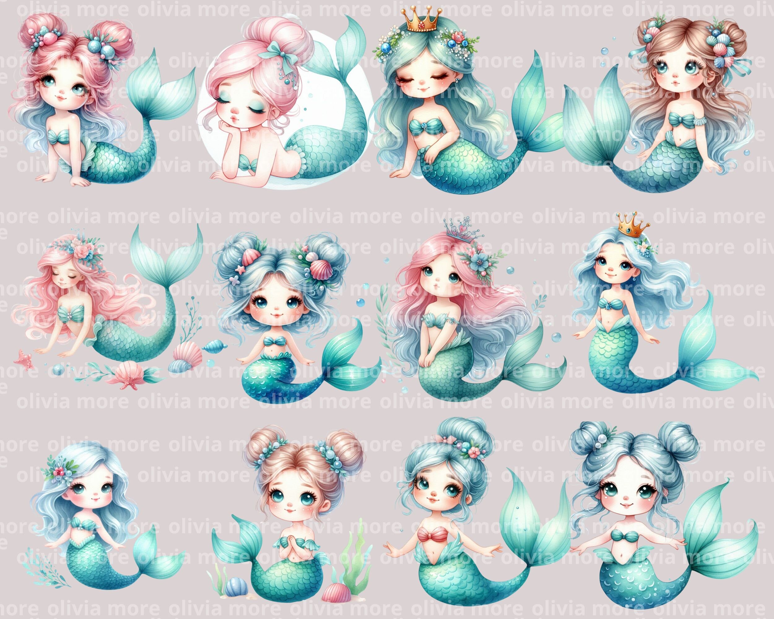 Mermaid Clipart Bundle, Watercolor Cute Mermaid Clipart Png, Cute Sea ...
