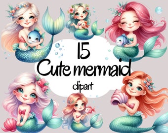 Mermaid Clipart Bundle, Watercolor Cute Mermaid Clipart Png, Cute Sea ...