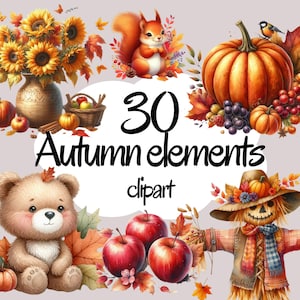 Autumn Elements Clipart Watercolor Autumn Clipart, Cute Pumpkin Clipart ...