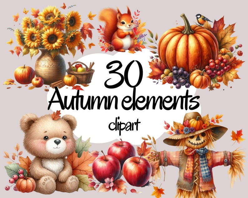 Autumn Elements Clipart Watercolor Autumn Clipart, Cute Pumpkin Clipart ...