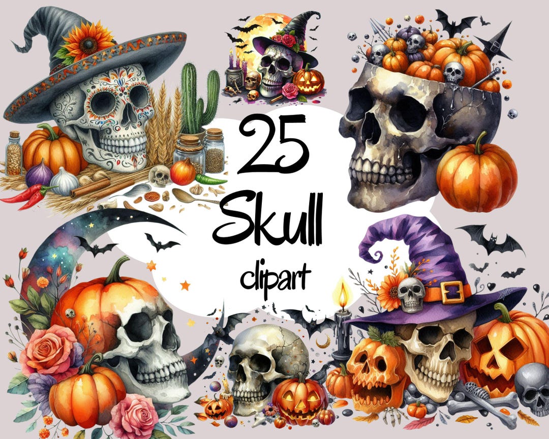 Watercolor Halloween Clipart, Skull Png, Pumpkin Png, Creepy Png ...