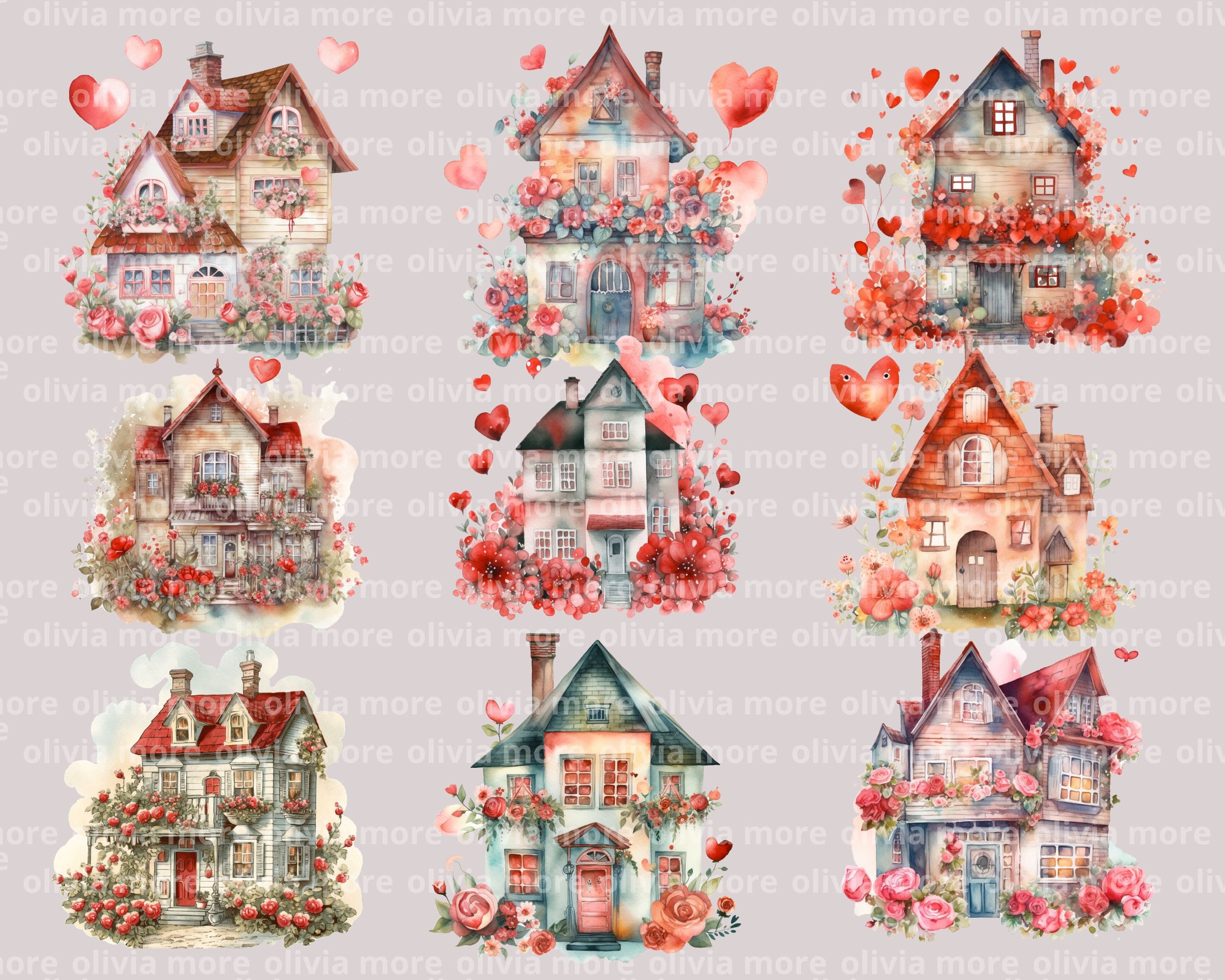Watercolor Valentine's Day Clipart Love House, Elements Romantic ...