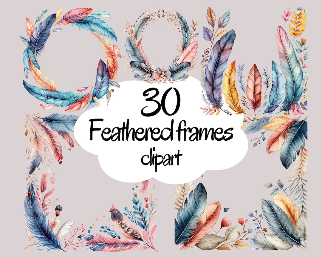 Feathered Frame Clipart Bundle, Colorful Feathers PNG, Boho Feathers ...