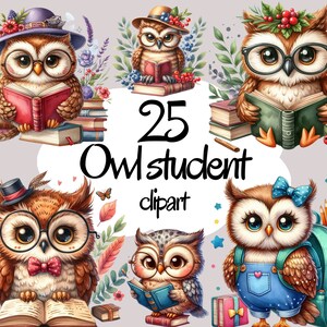Watercolor Back to School Clipart Owl Cartoon, Backpack, Notebook ...