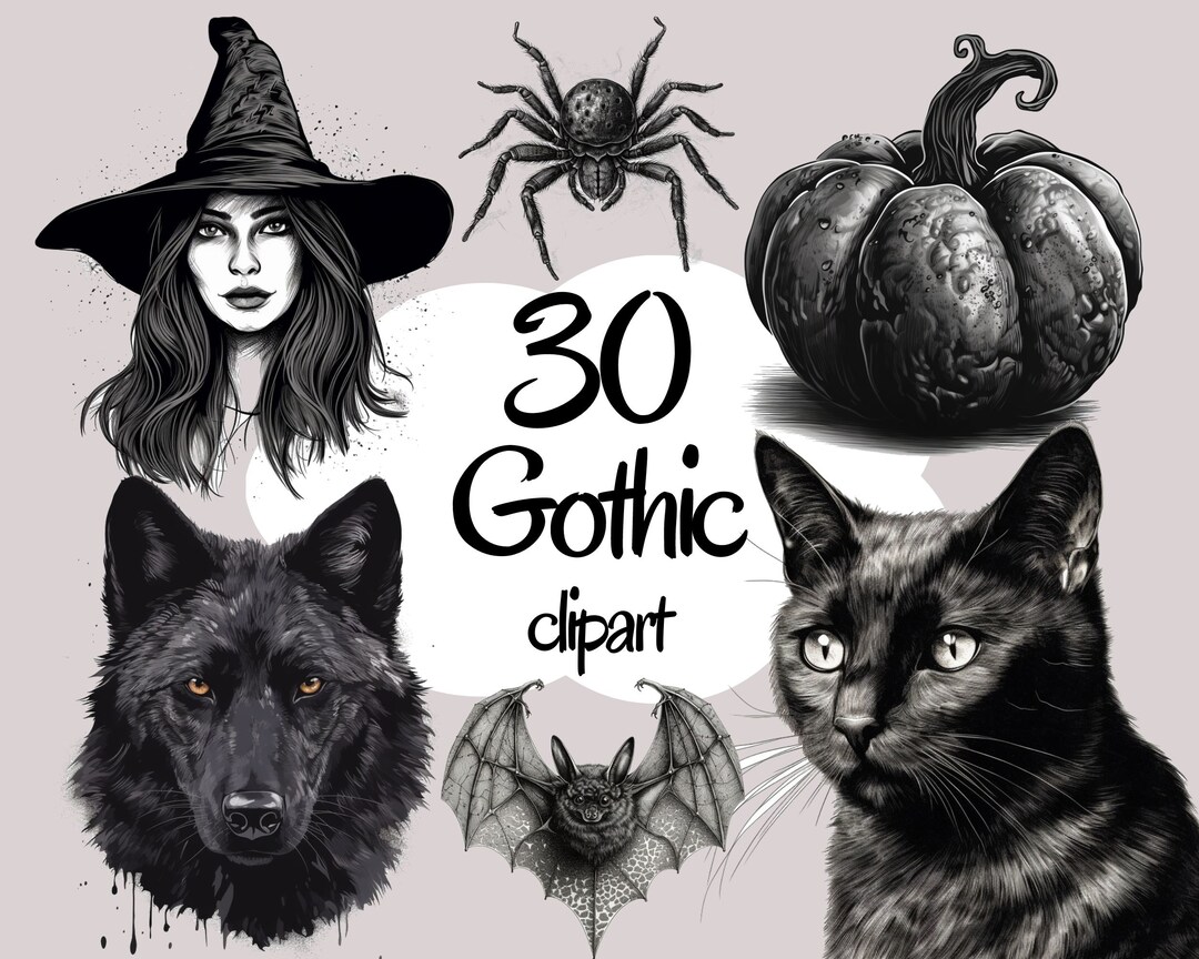 Gothic Clipart Vintage Halloween Clipart Retro, Black and White ...