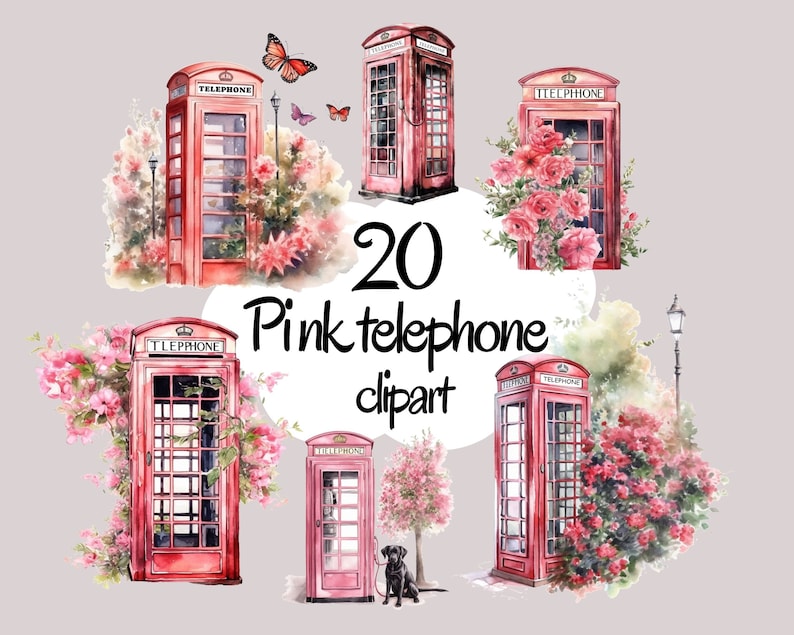 20 Watercolor Pink Telephone Box Clipart, Png Floral Pink Clipart ...