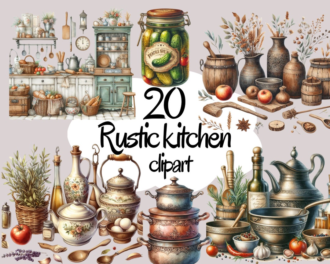 Watercolor Rustic Kitchen Clipart, Rustic Cooking Clipart Bundle ...