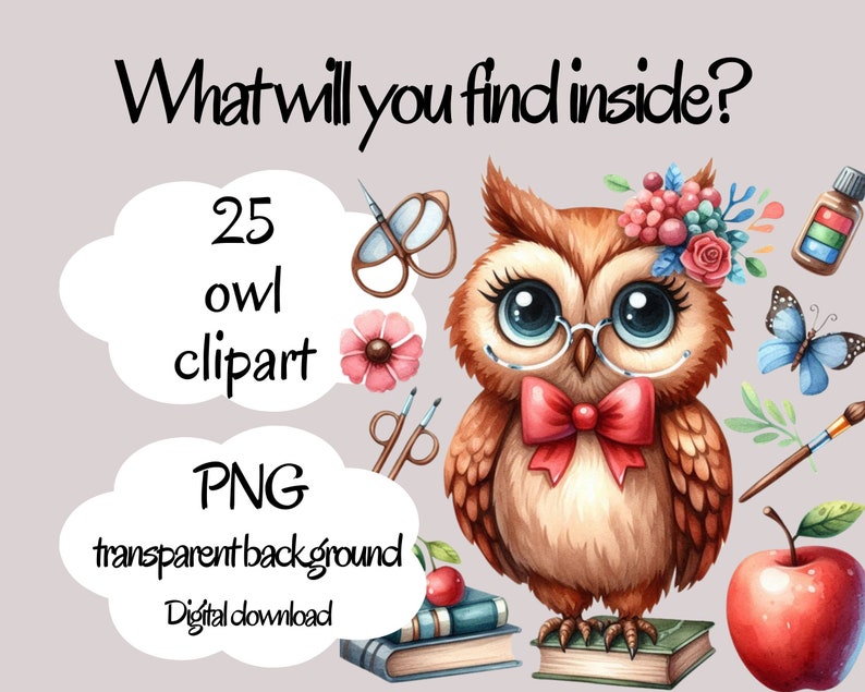 Watercolor Back to School Clipart Owl Student, Backpack, Notebook ...