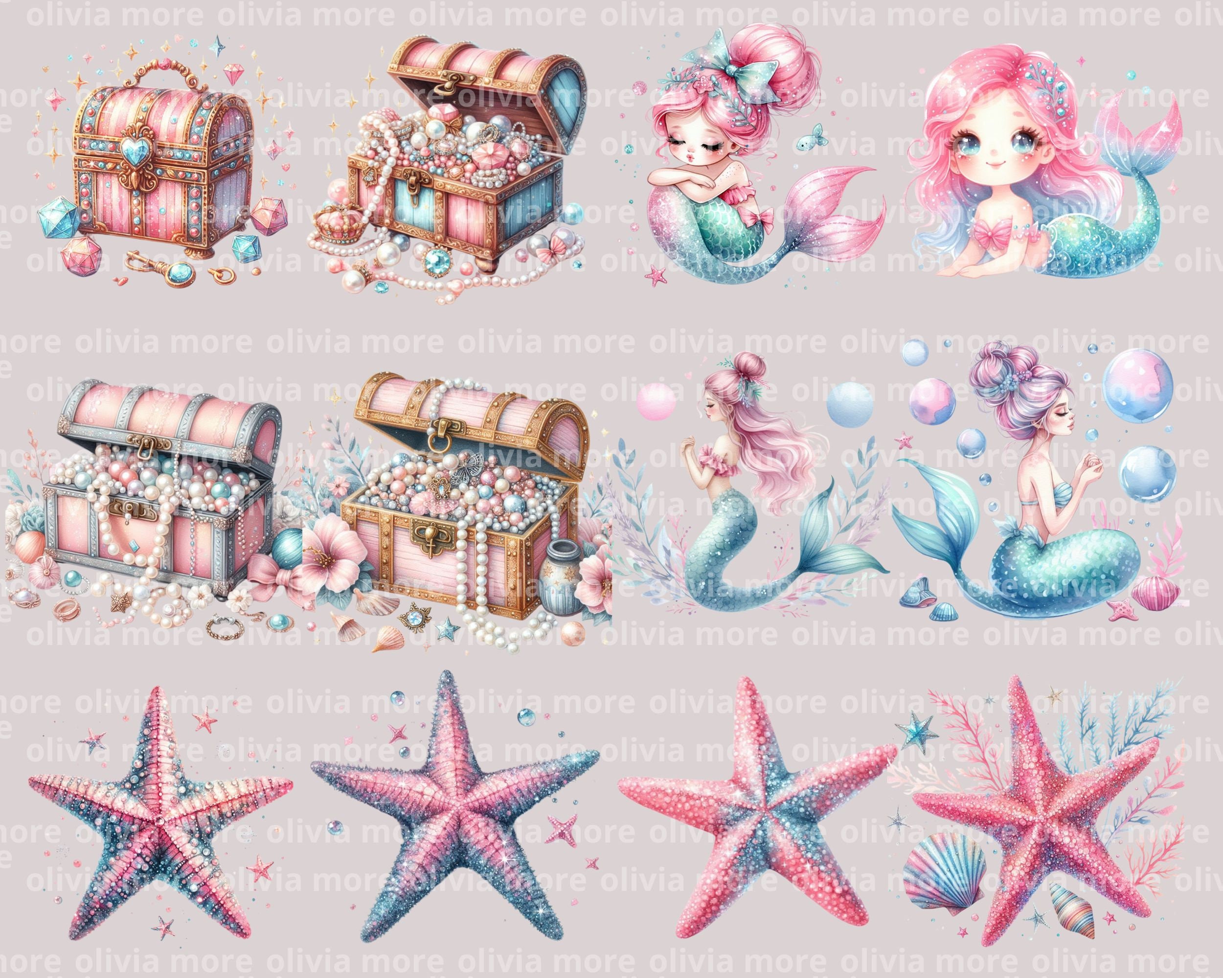 Mermaid Clipart Bundle, Watercolor Cute Pink Mermaid Clipart Png, Cute ...
