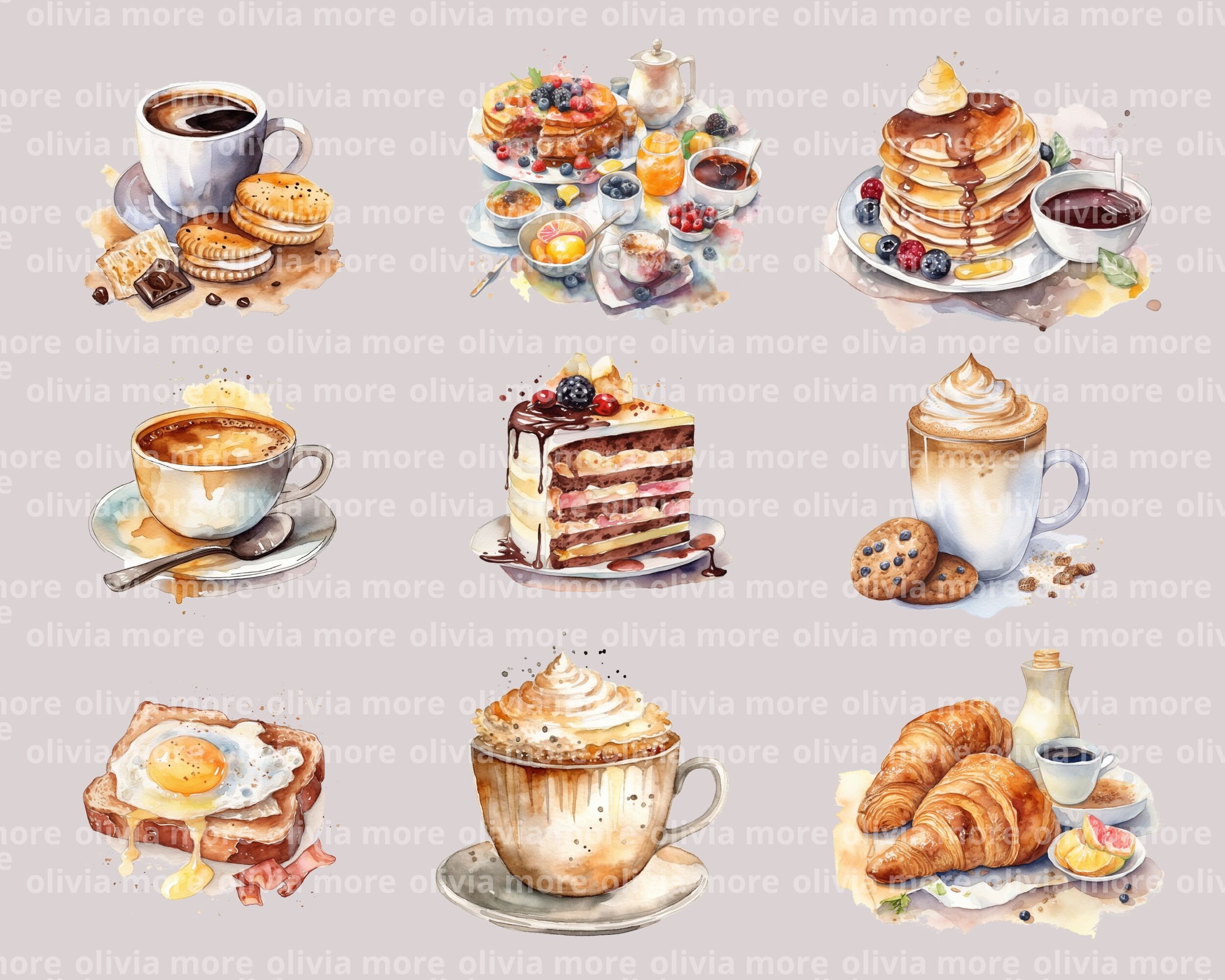 45 Breakfast Watercolor Clipart Food Baking, PNG, Breakfast, Instant ...
