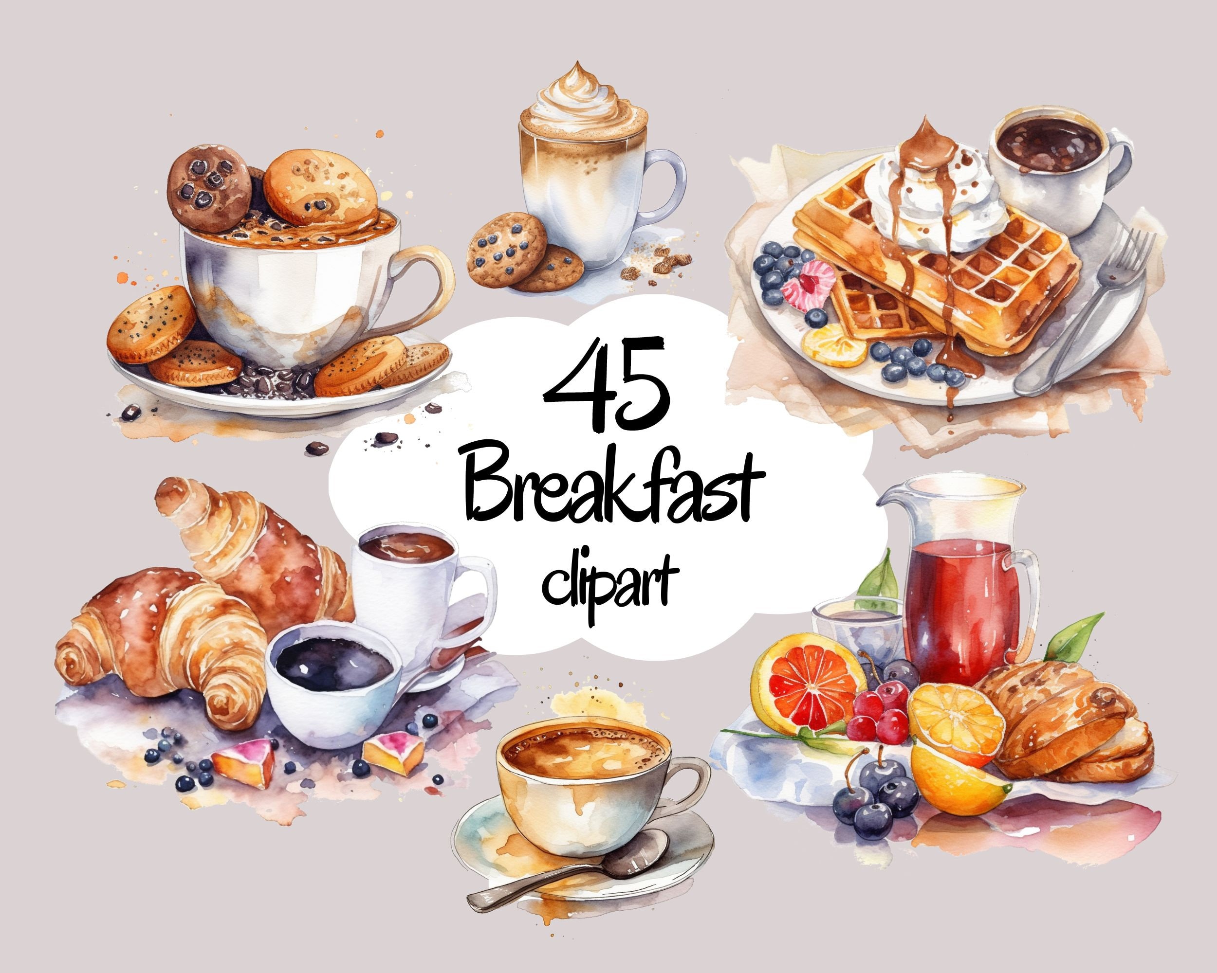 45 Breakfast Watercolor Clipart Food Baking, PNG, Breakfast, Instant ...