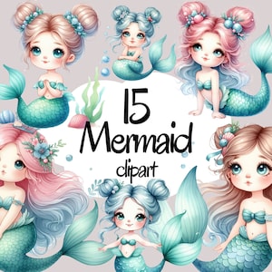 Mermaid Clipart Bundle, Watercolor Cute Mermaid Clipart Png, Cute Sea ...