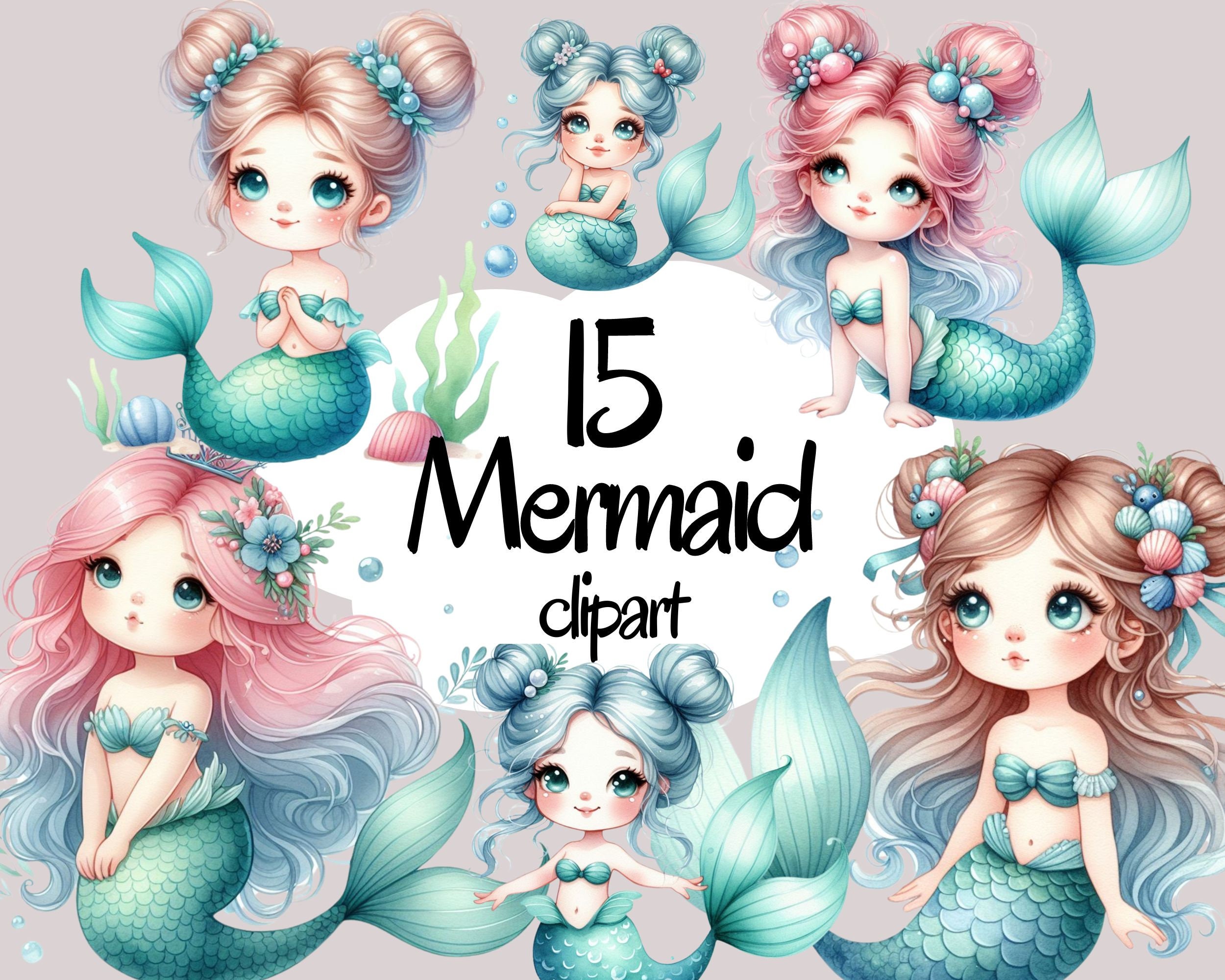 Mermaid Clipart Bundle, Watercolor Cute Mermaid Clipart Png, Cute Sea ...