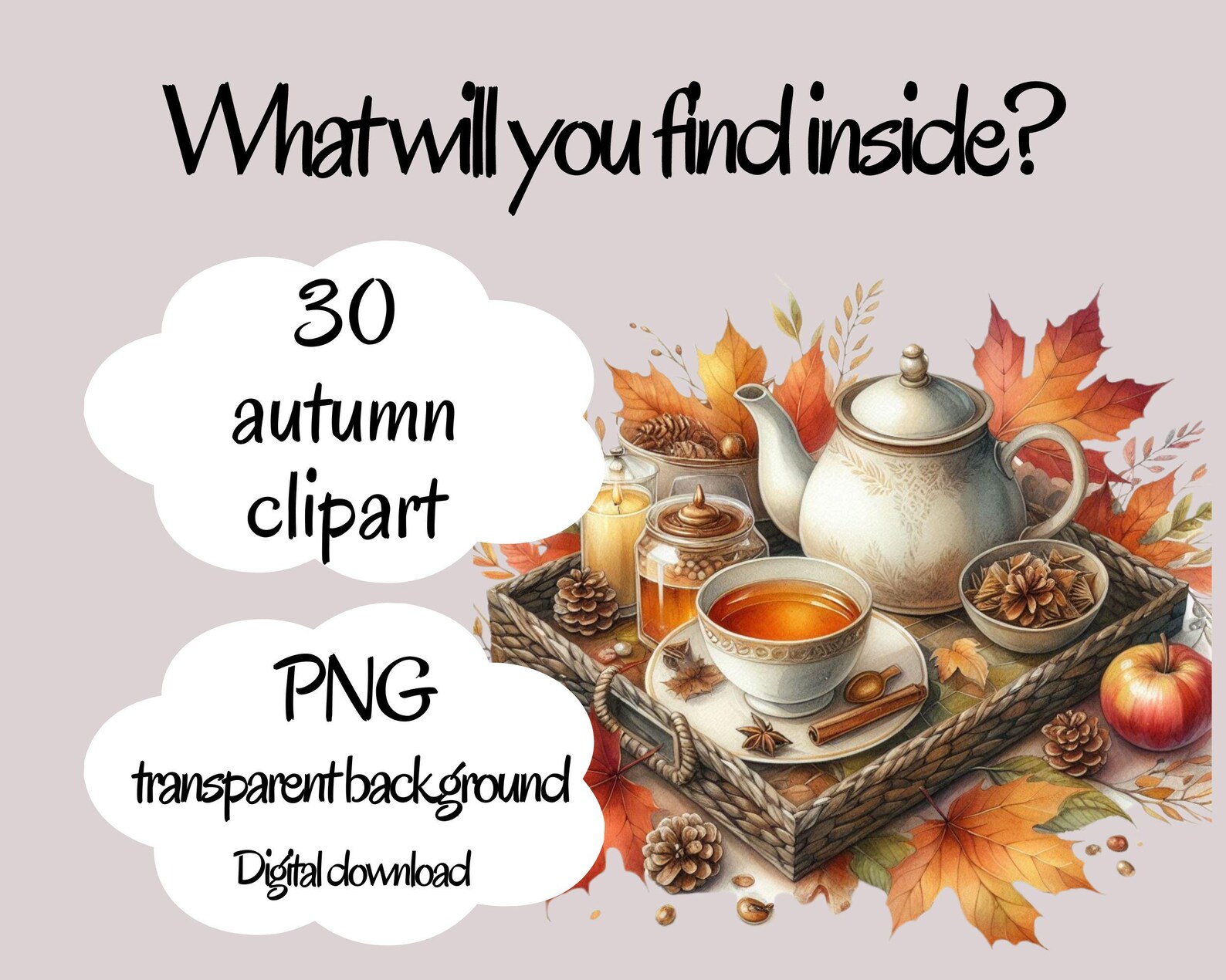 Autumn Elements Clipart Watercolor Autumn Clipart, Cute Pumpkin Clipart ...