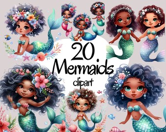 Mermaid Clipart Bundle, Watercolor Cute Afro Mermaid Clipart Png, Cute ...