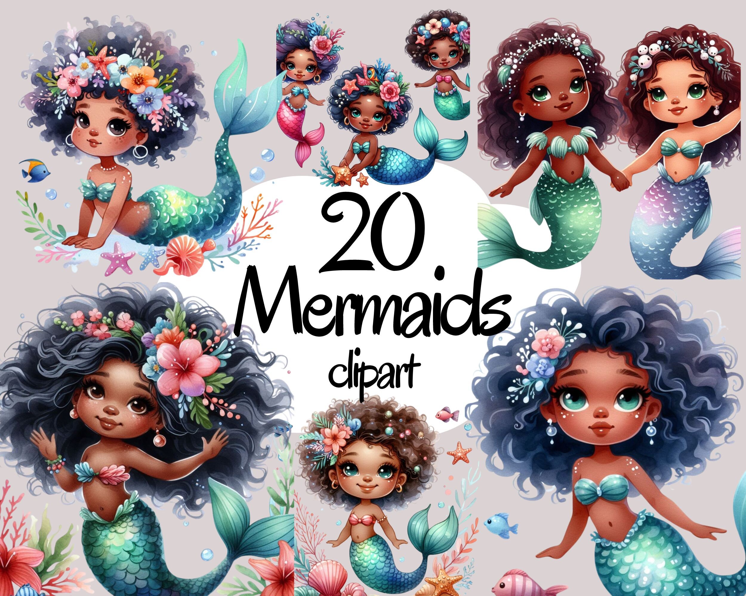 Mermaid Clipart Bundle, Watercolor Cute Afro Mermaid Clipart Png, Cute ...