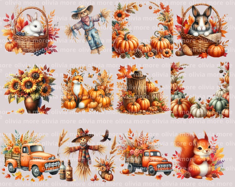 Autumn Elements Clipart Watercolor Autumn Clipart, Cute Pumpkin Clipart ...