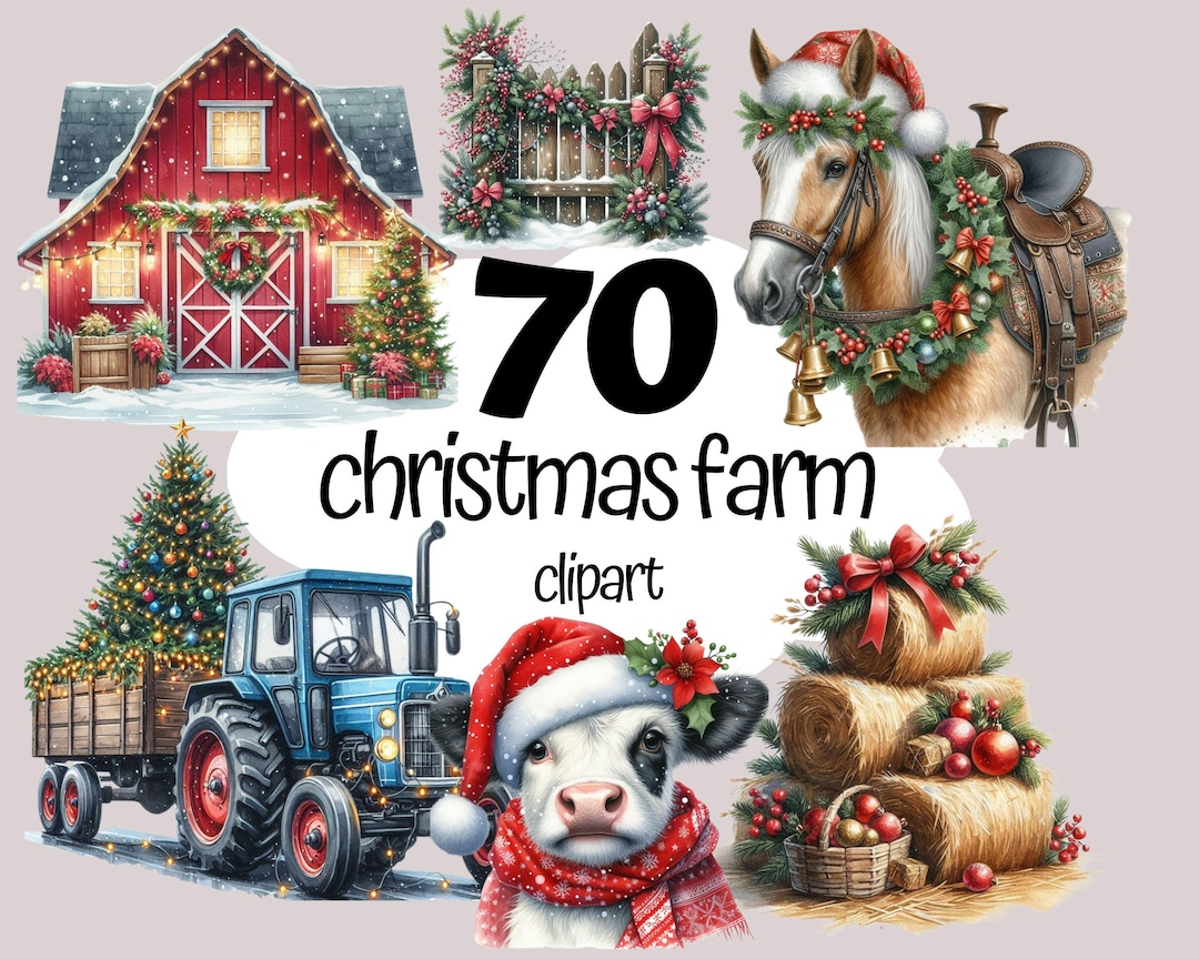 Watercolor Farm Christmas Clipart, Farm Life, Farm Animals, Christmas ...