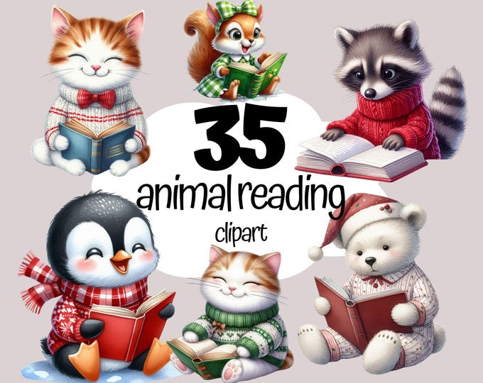 35 Animals Reading Clipart, Winter Clipart, Cute Animals Clipart, White ...