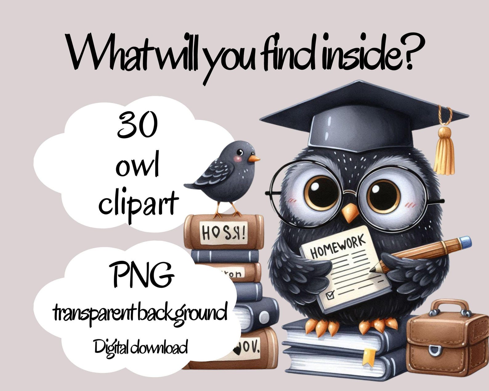 Watercolor Back to School Clipart Owl Cartoon, Backpack, Books ...