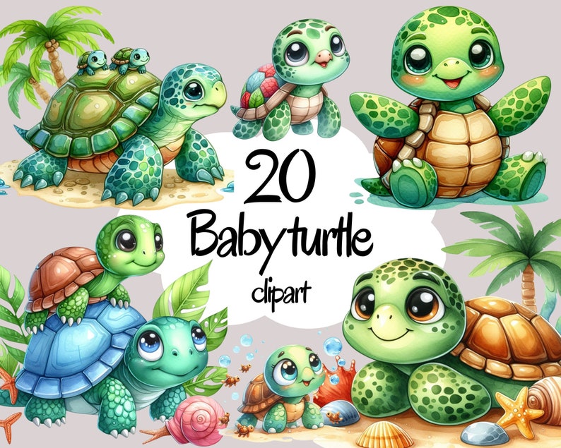 Watercolor Sea Turtle Clipart, Cute Baby Turtle Ocean Animals PNG ...