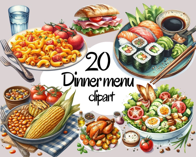 Dinner Clipart, Watercolour Menu Clip Art PNG, Transparent Background ...