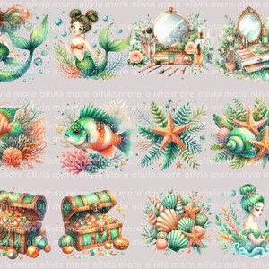 Mermaid Clipart Bundle, Watercolor Cute Mermaid Clipart Png, Cute Sea ...