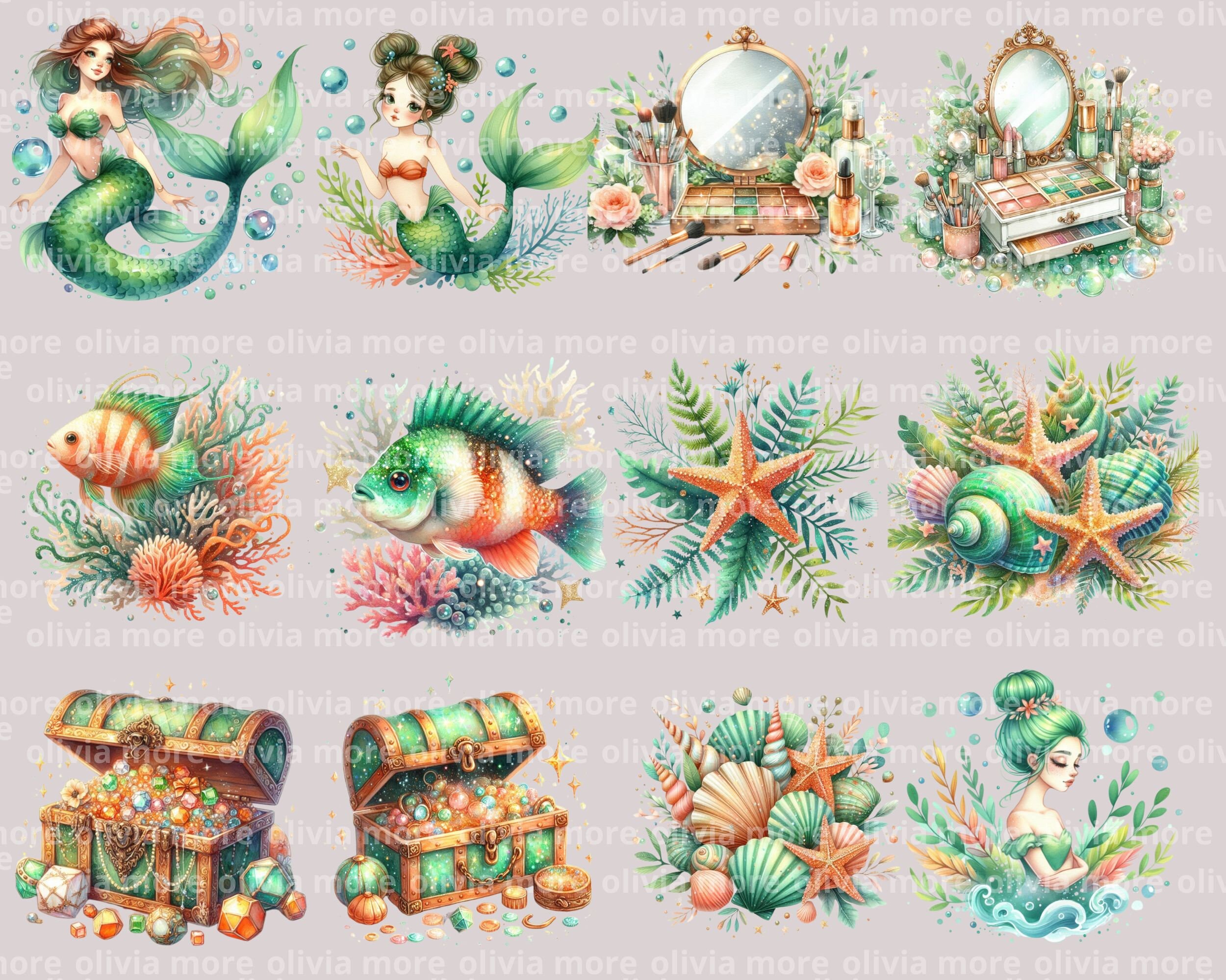 Mermaid Clipart Bundle, Watercolor Cute Mermaid Clipart Png, Cute Sea ...