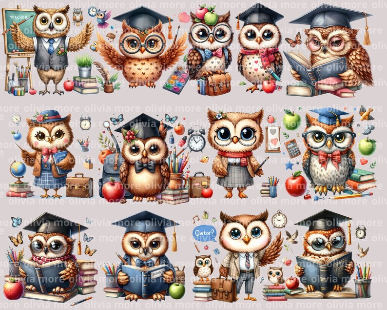 Watercolor Back to School Clipart Owl Student, Backpack, Notebook ...