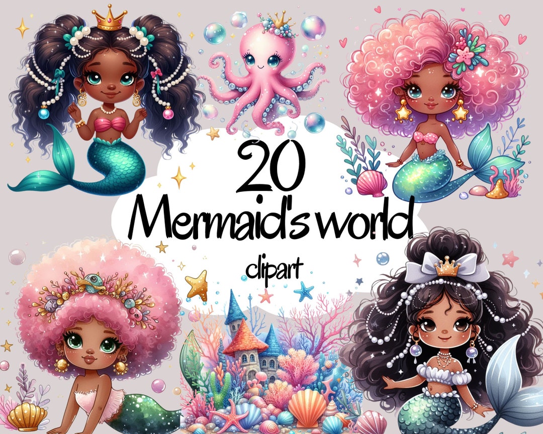 Mermaid Clipart Bundle, Watercolor Cute Afro Mermaid Clipart Png, Cute ...